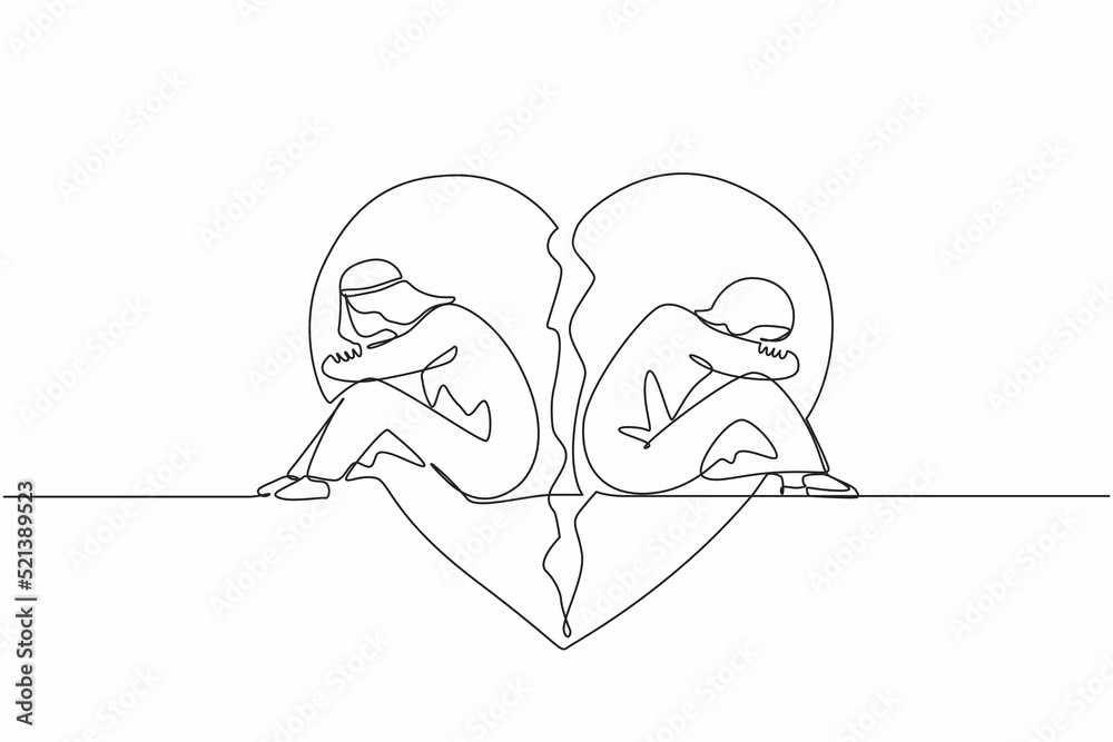 Single one line drawing couple of Arab man and woman, sitting back to ...