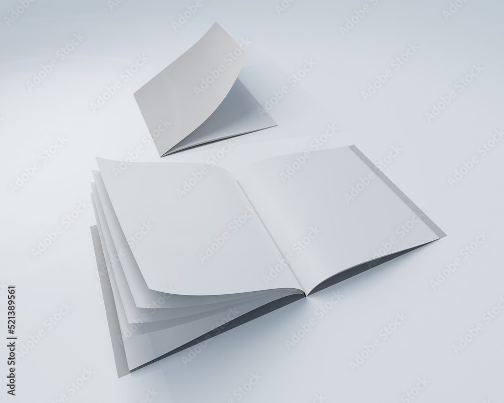 Blank brochure, book template, square, format, white curled pages, 3d ...