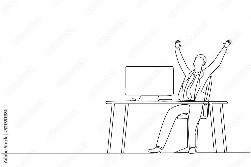 Continuous one line drawing happy businessman sitting with raised hands ...