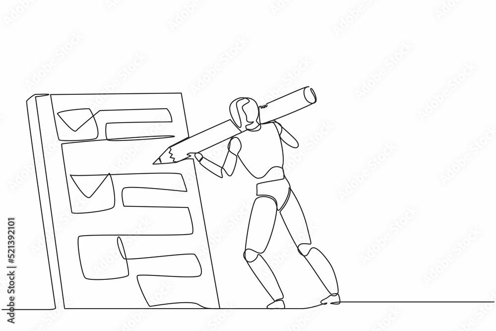 Continuous one line drawing robots standing and mark checklist with big ...