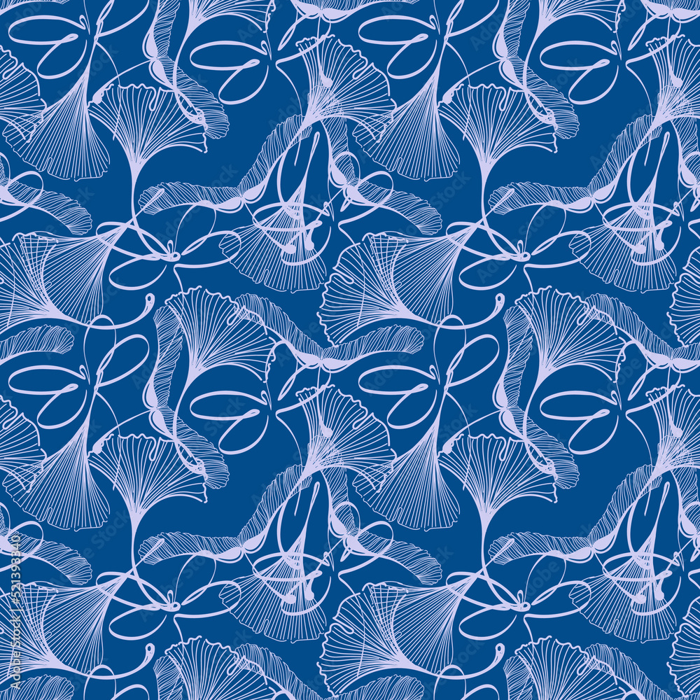 A seamless pattern of ginkgo, maple, and dragonfly leaves in sketch ...