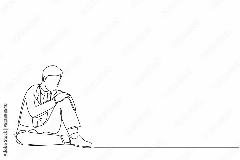 Single continuous line drawing very sad businessman sitting alone on ...
