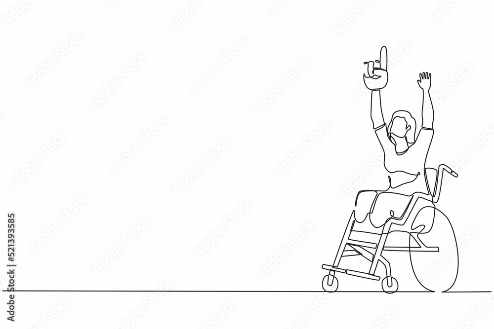 Single one line drawing happy disability young woman in wheelchair ...