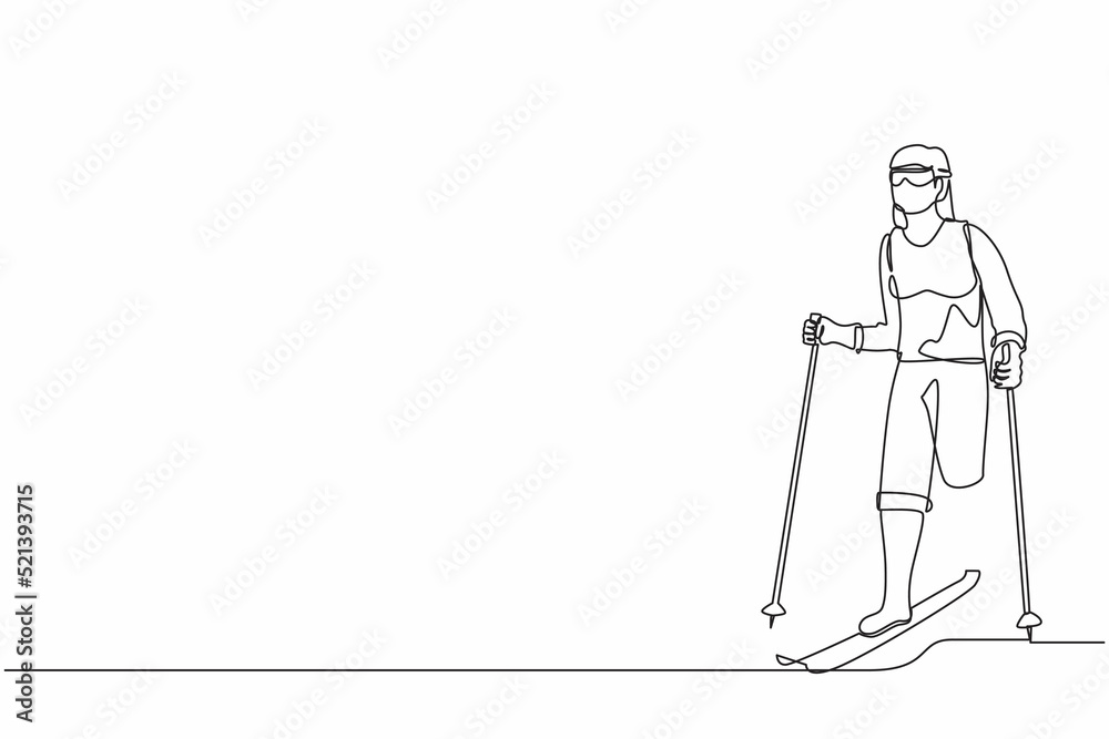 Continuous one line drawing female athlete skier without legs skiing in ...