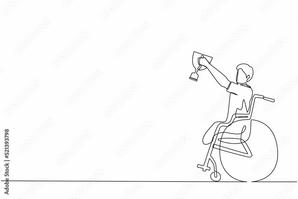 Continuous one line drawing happy sportsman in wheelchair hold golden ...