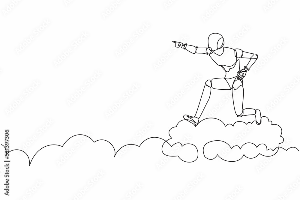 Continuous one line drawing robot ride cloud, pointing forward, go to ...