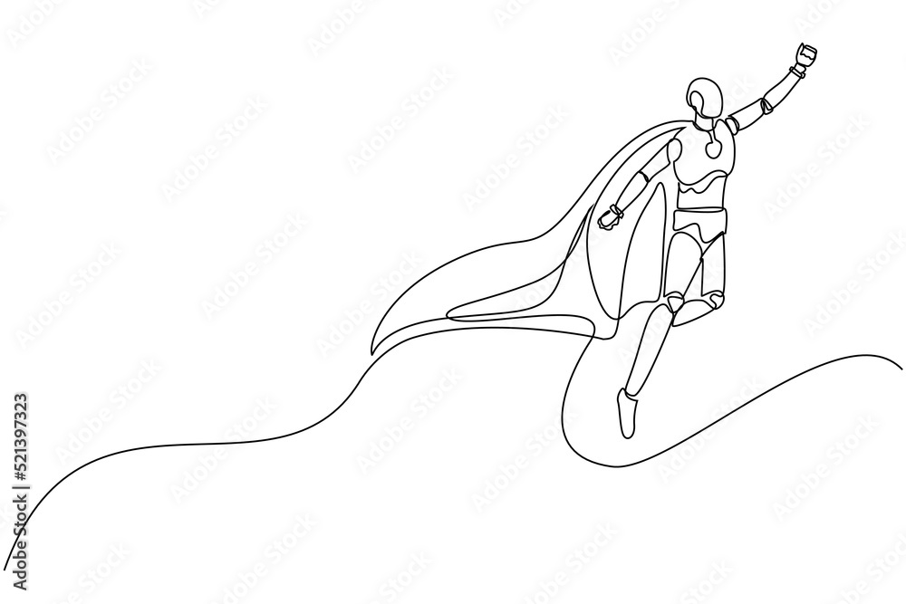 Single one line drawing robot superhero flies up to the sky. Future ...