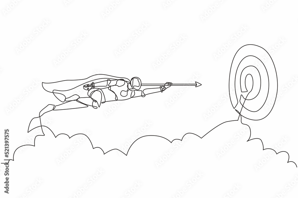 Continuous one line drawing robot superhero flying with arrow forward ...