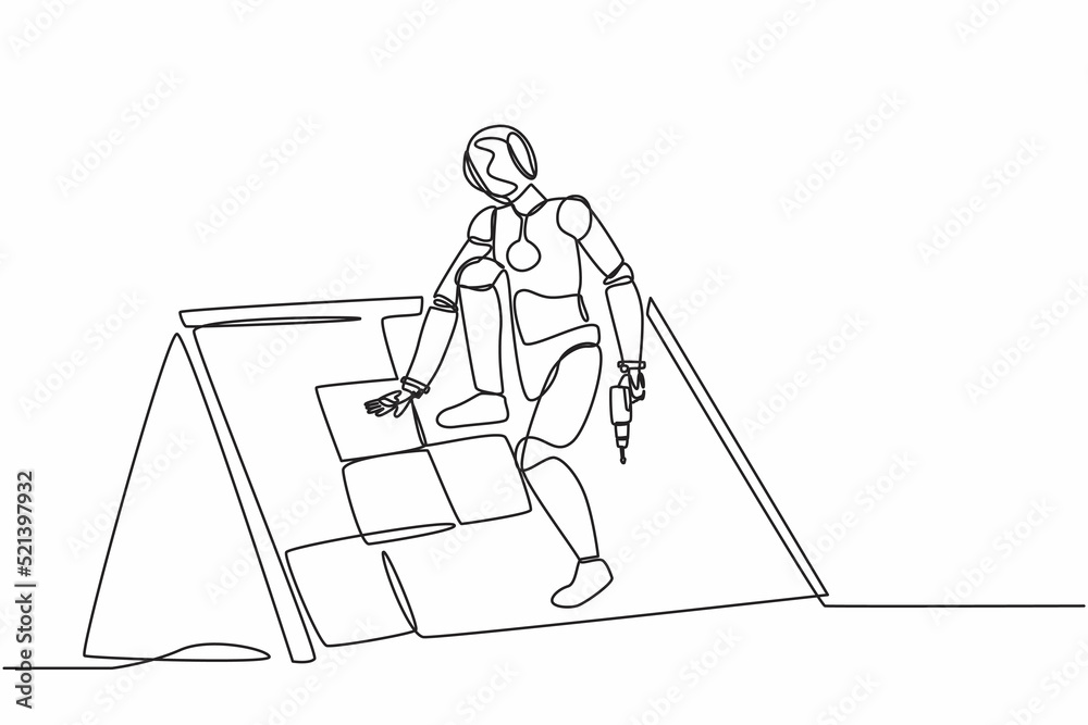 Continuous one line drawing robot roofer installing wooden or bitumen ...