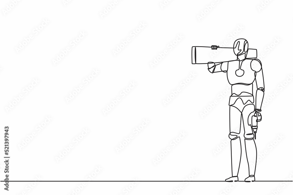 Continuous one line drawing robot repairman standing with board, tool ...