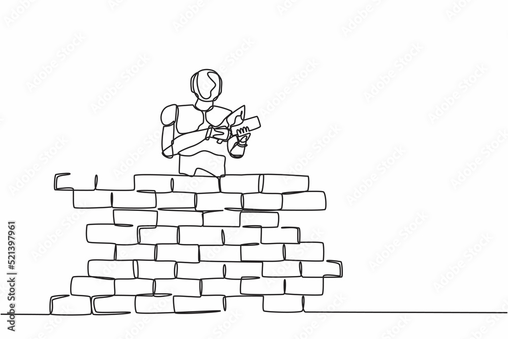 Single one line drawing robot repairman building brick wall. Future ...