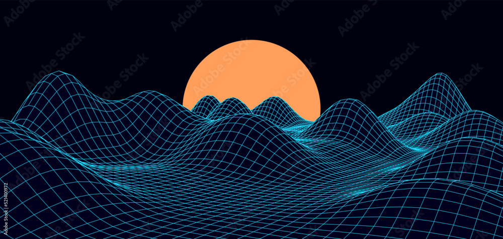 Retro fantastic background of the 80s. Vector mountain wireframe ...
