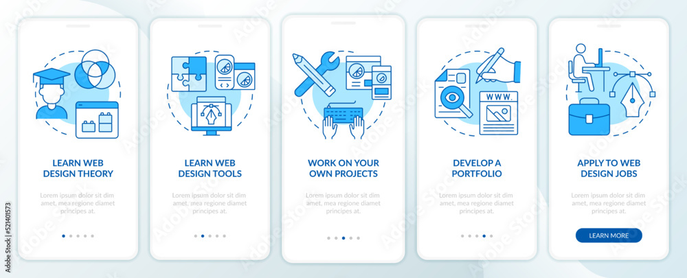 Becoming Web Designer Blue Onboarding Mobile App Screen Walkthrough 5 Steps Editable Graphic
