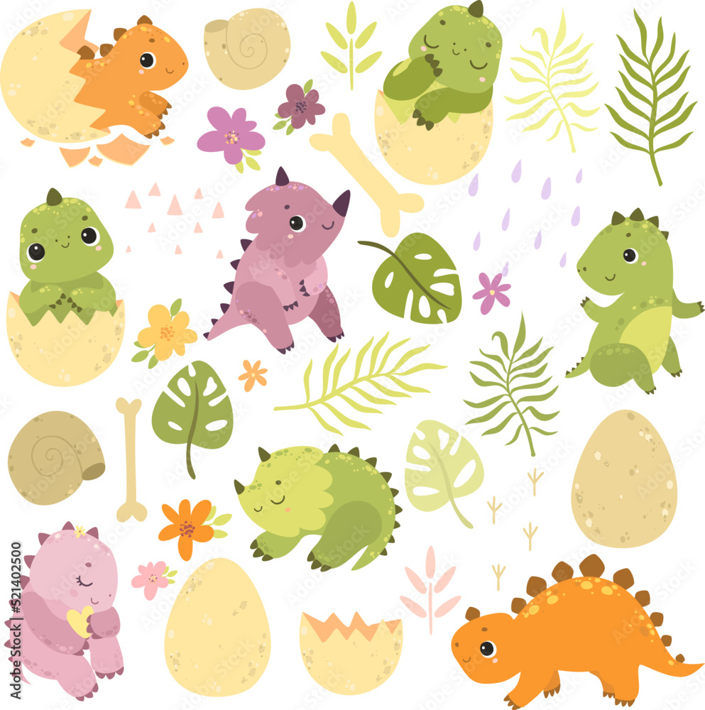 Vector set of dinosaurs. Cute baby dinosaurs, kids clipart, Little ...