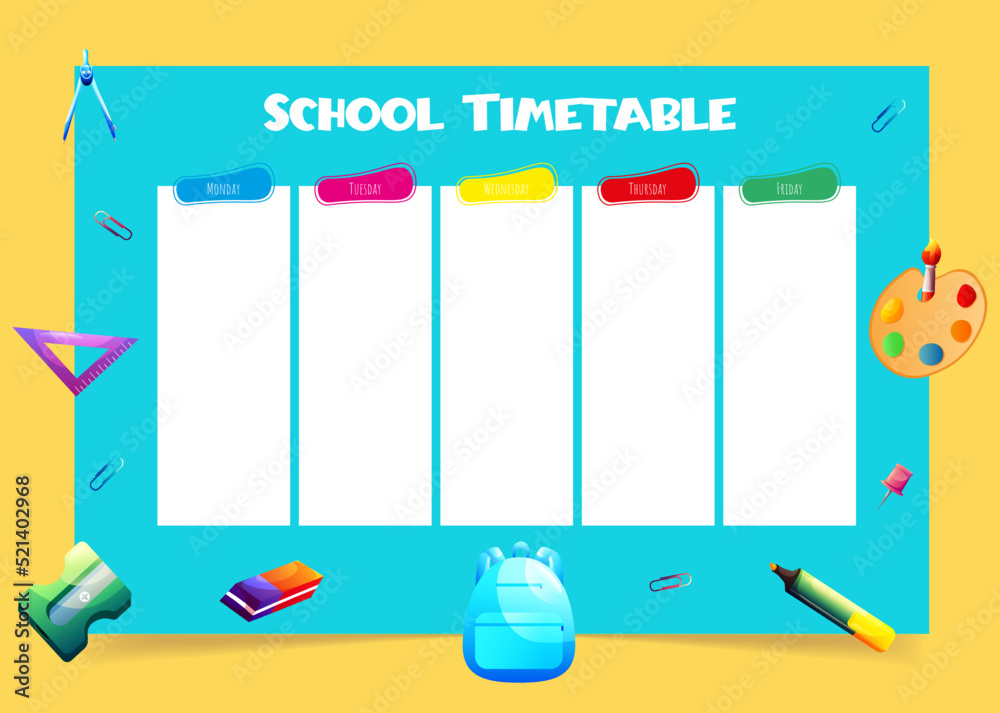 Vetor do Stock: School schedule. Timetable for kids. Weekly time table ...