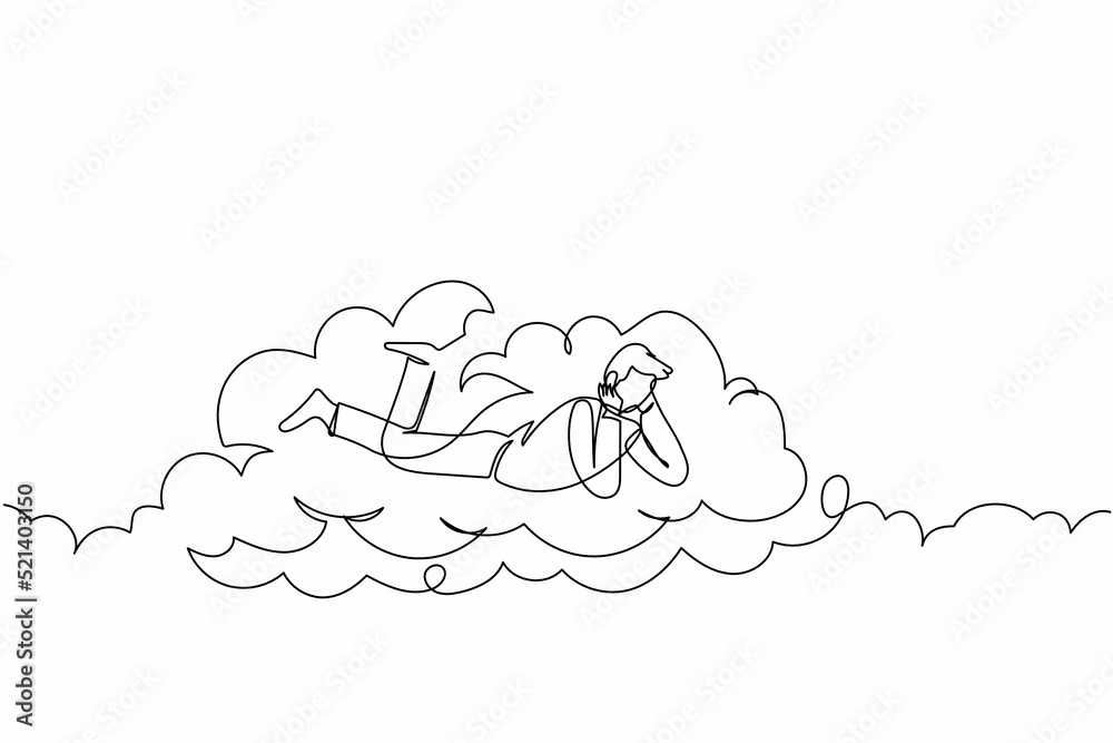Single continuous line drawing dreamer businessman lay on clouds and ...