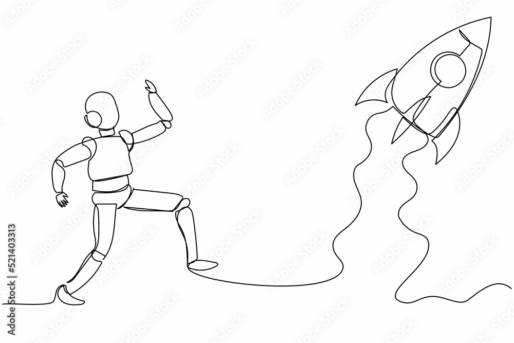 Single continuous line drawing robot run chasing rocket take off ...