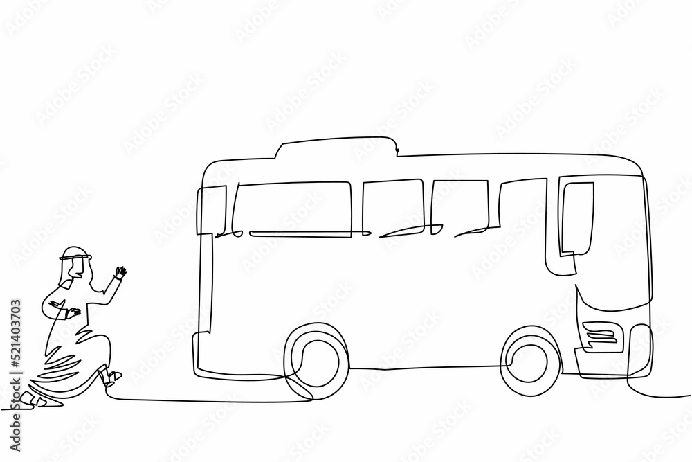 Single one line drawing Arab businessman running chasing bus. Male ...