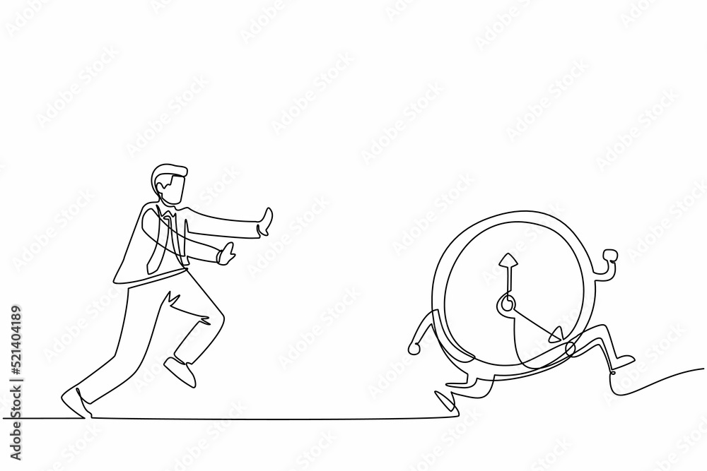 Single one line drawing stressed businessman chasing time or clock ...
