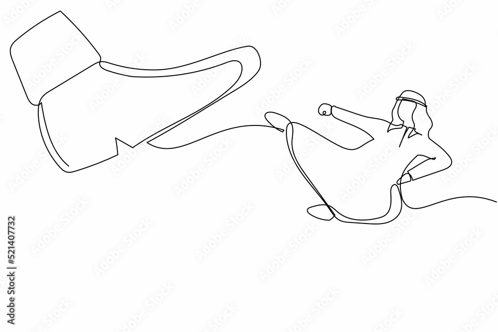 Single continuous line drawing young Arab businessman kick giant foot ...