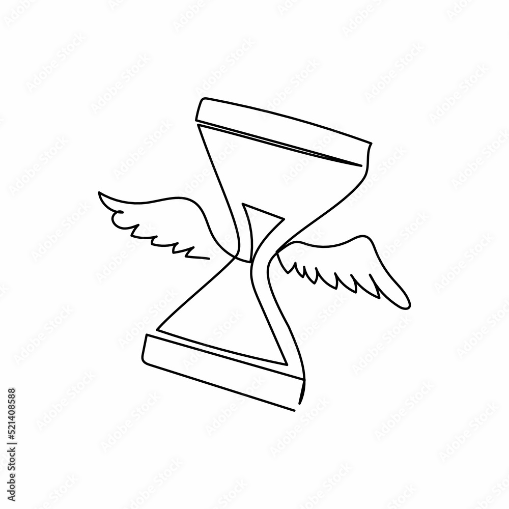 Single one line drawing flying hourglass with wings. Flying sand clock ...