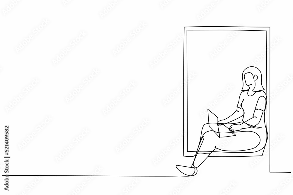 Continuous one line drawing young woman sitting on windowsill and ...