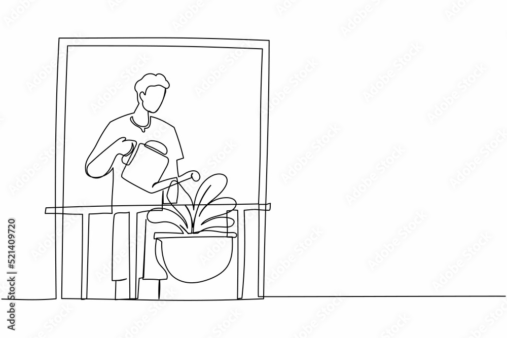 Single one line drawing man watering flowers on the balcony. Young guy ...