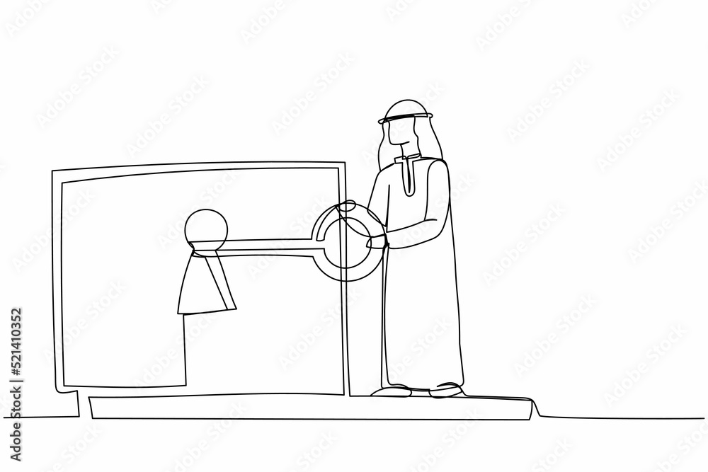 Single one line drawing Arabian businessman putting key into laptop ...