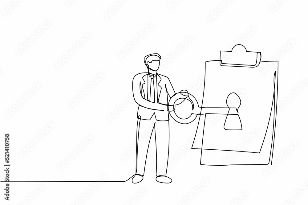 Single one line drawing businessman putting big key into clipboard ...