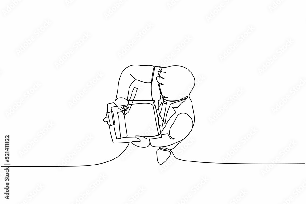 Single one line drawing top view businessman writes completed checklist ...