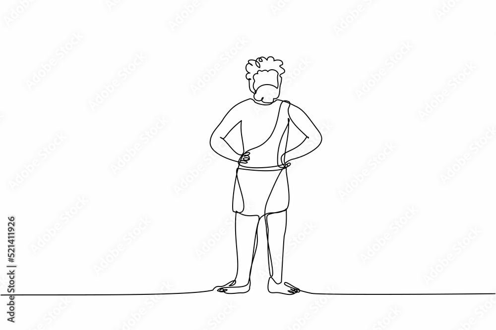 Single continuous line drawing prehistoric man standing with hands on ...