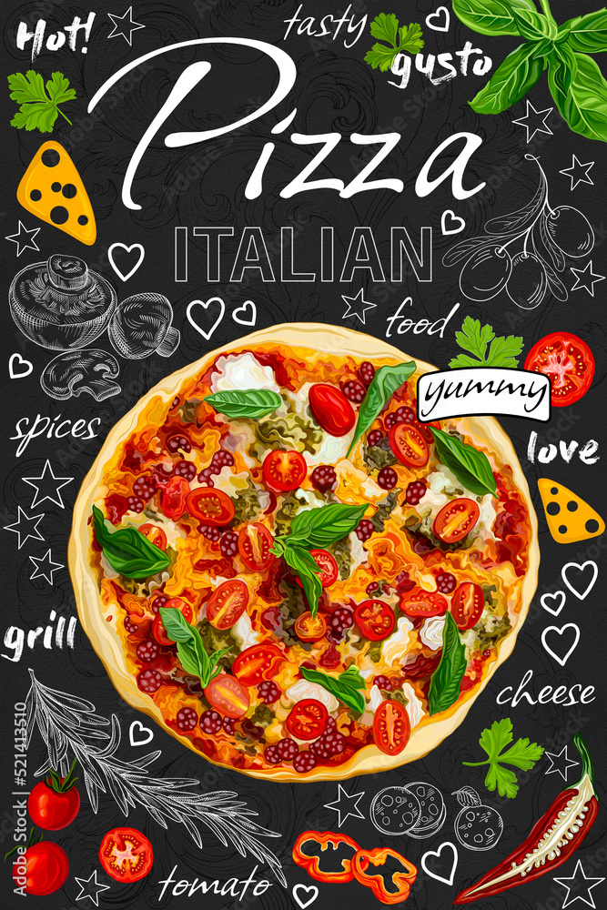 Hand-drawn detailed drawing. Delicious cartoon style. Food poster ...