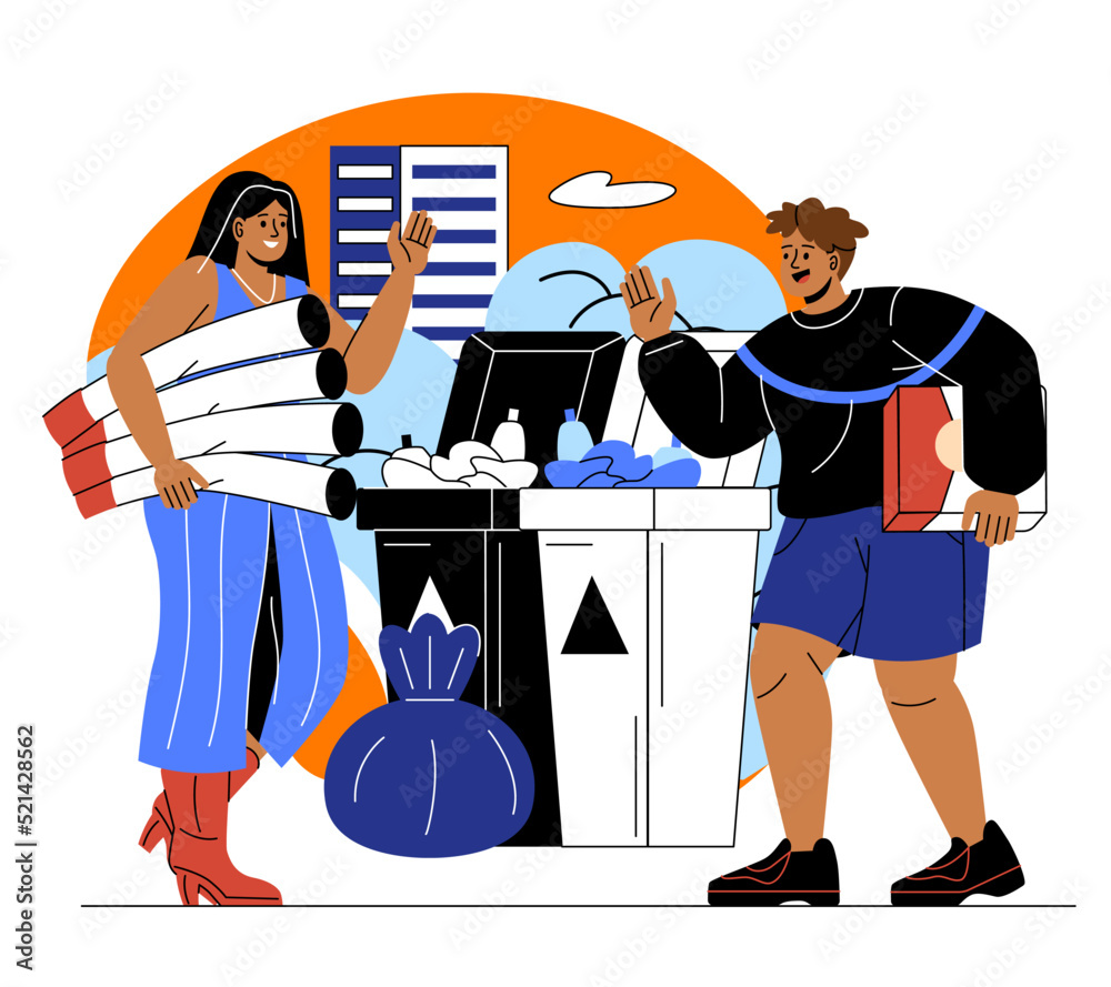 Quitting smoke cigarettes. Man and woman came to trash to throw away ...