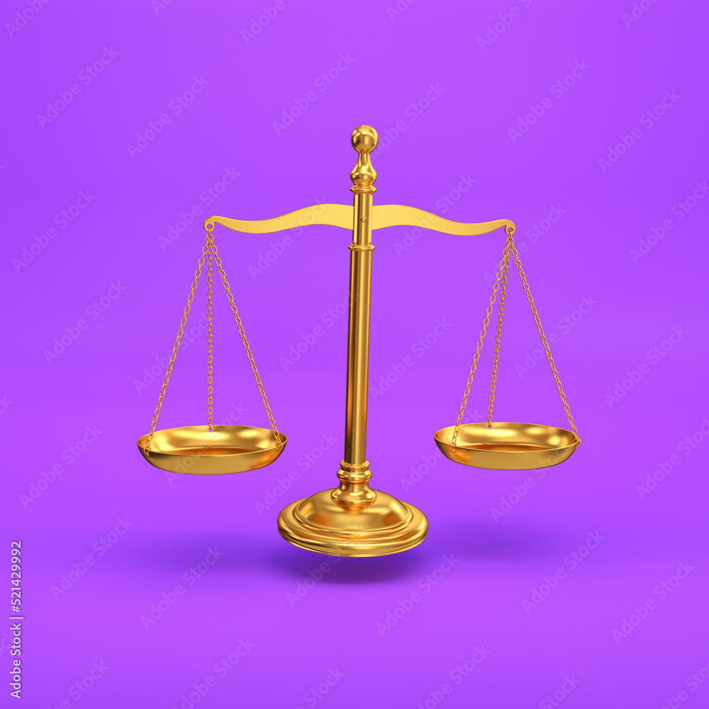 Golden scales of justice floating on a purple background, 3d render ...