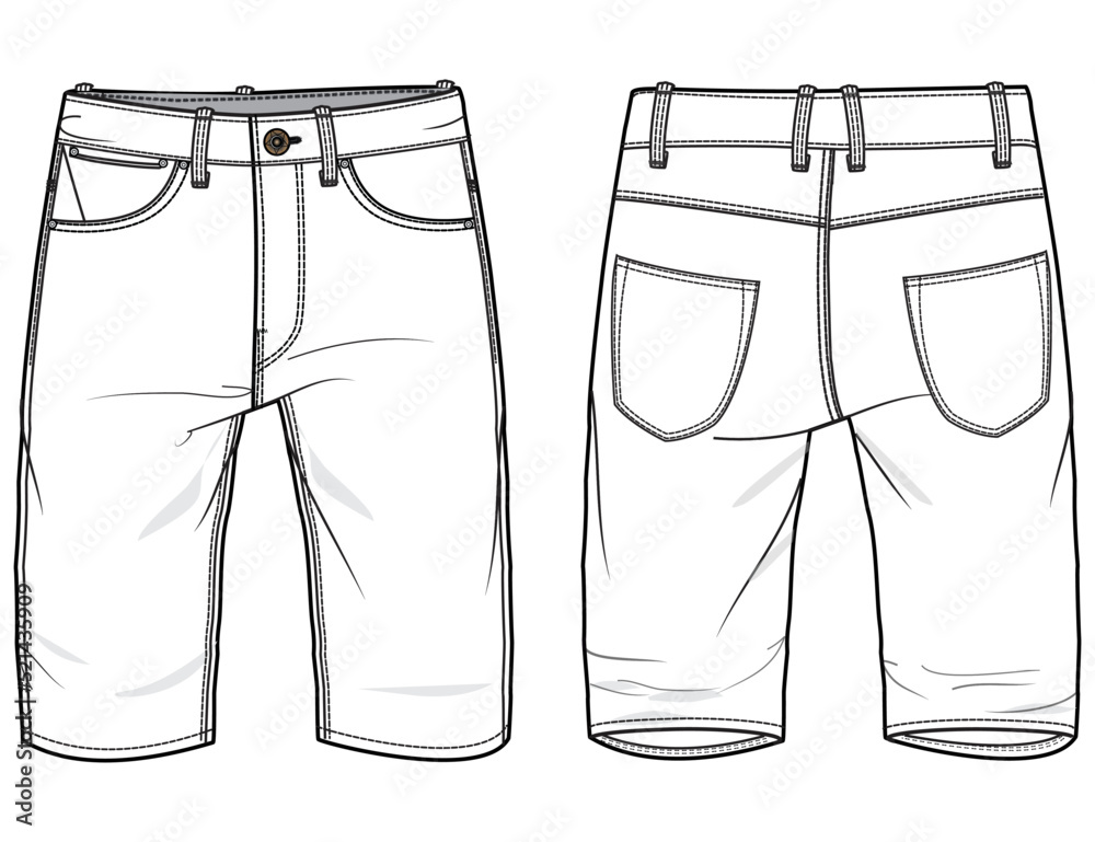 Denim Short Front and Back View. fashion illustration vector, CAD ...