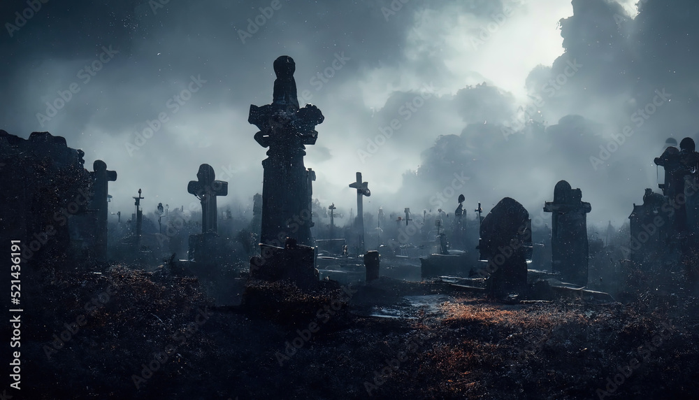 Gloomy night cemetery, stone monuments. Sky with clouds, fog. Dramatic ...