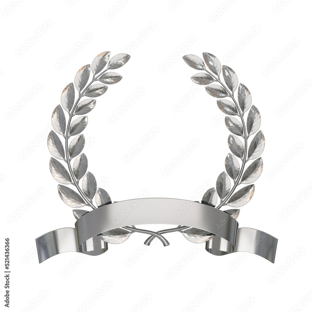 Silver laurel wreath with a silver ribbon on a white background, 3d ...