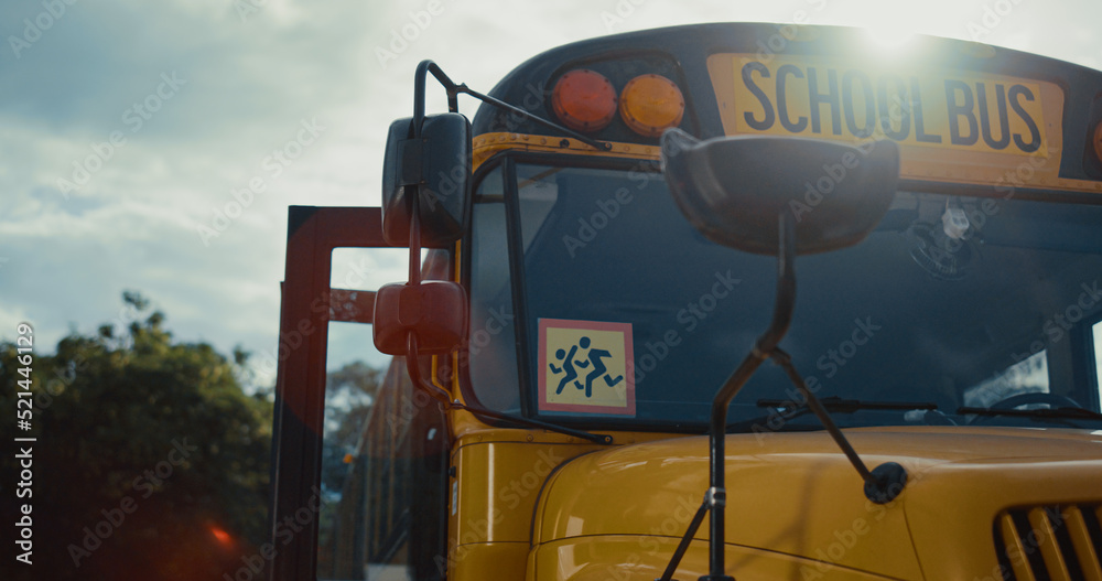 School bus sign image running children closeup. Pupils safety vehicle ...