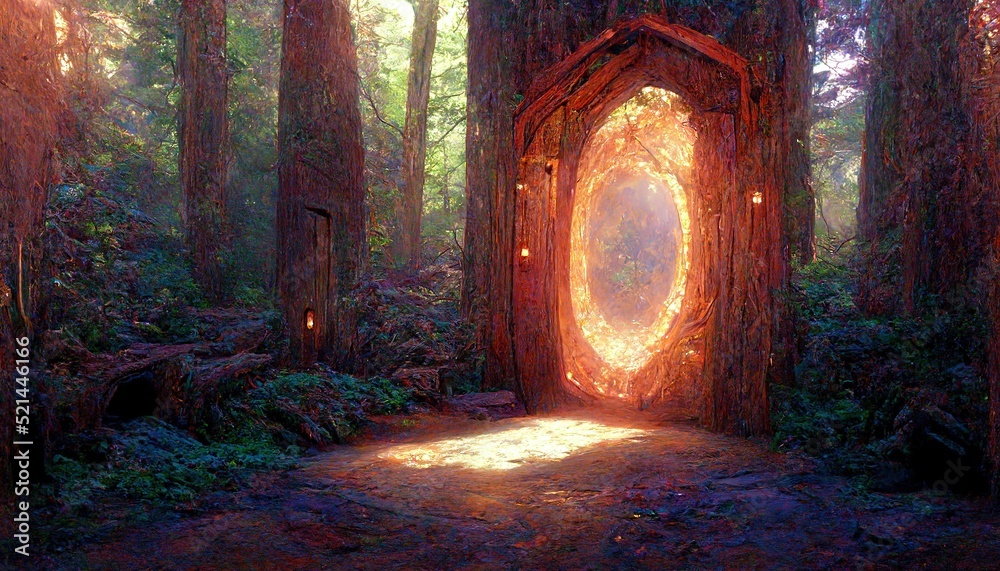 3D artwork illustration of fire portal in the fairy forest. Wood ...
