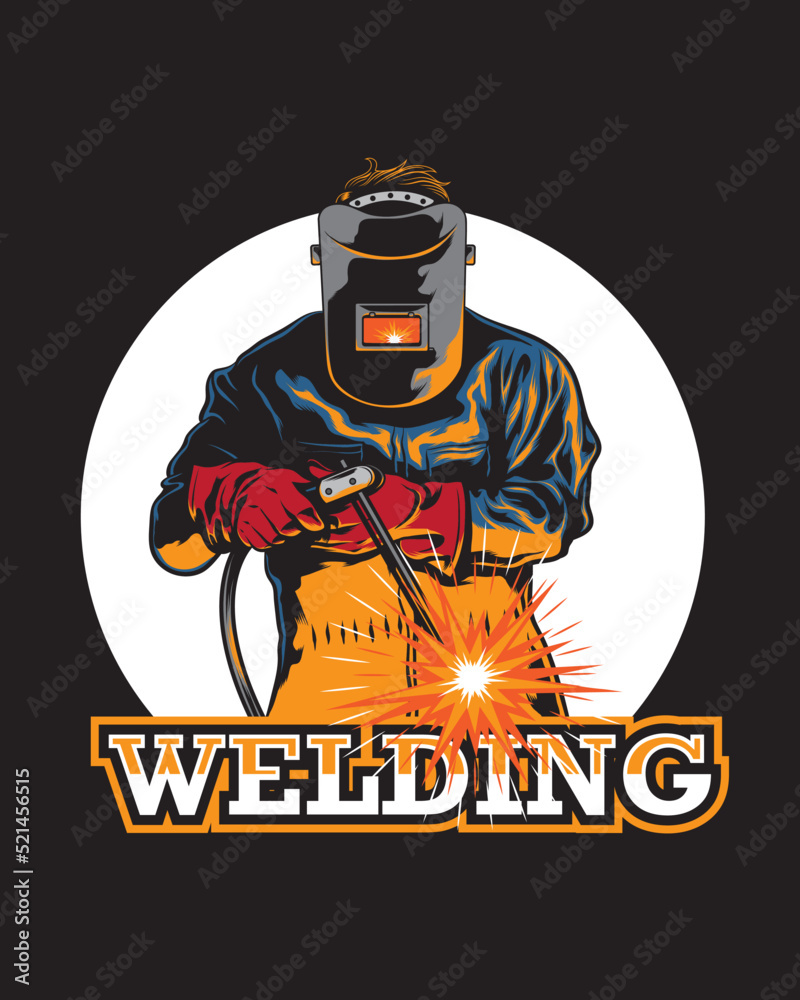 welder doing job whith sparks, welding text, and simple background ...