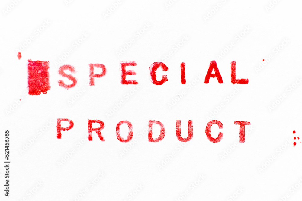 Red color ink rubber stamp in word special product on white paper ...