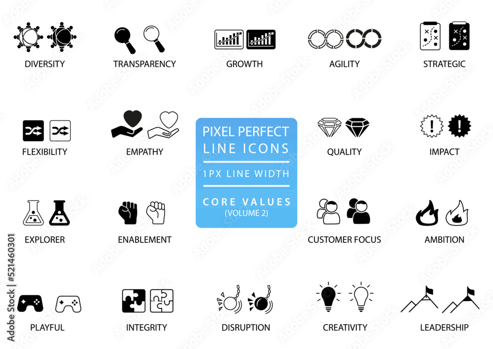 Pixel perfect icon vector set. Corporate core values conceptual ...