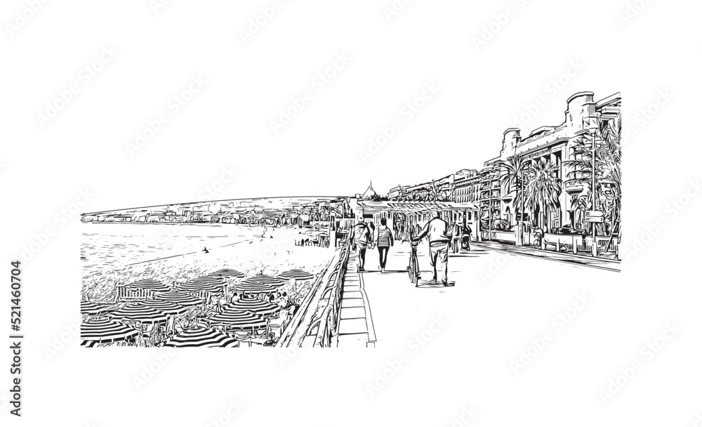 Building view with landmark of Nice is the city in France. Hand drawn ...
