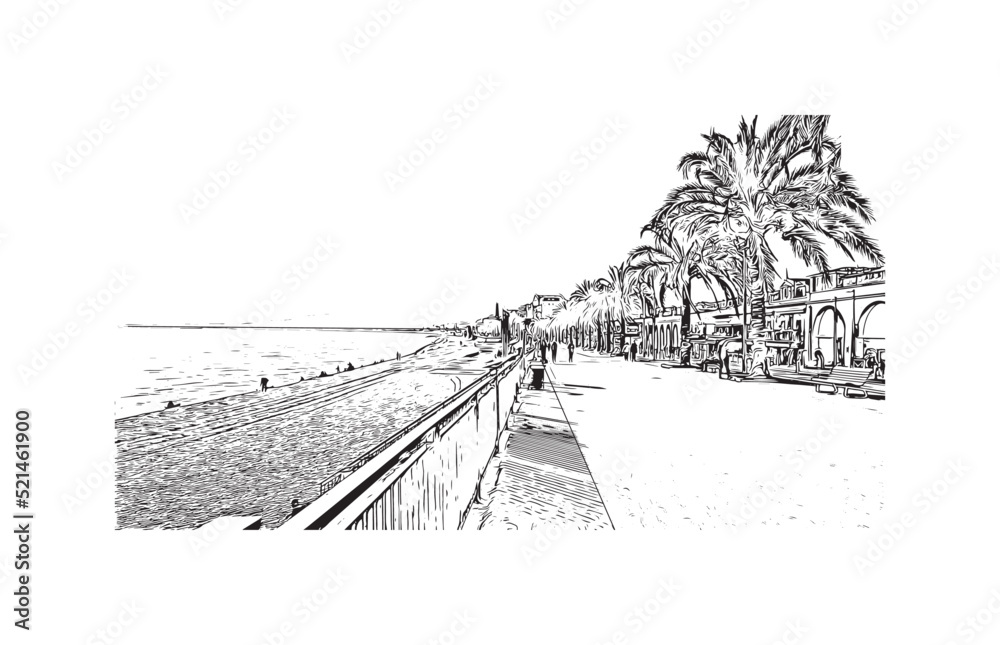 Building view with landmark of Nice is the city in France. Hand drawn ...