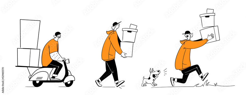 Online delivery, home and office delivery. Set of funny line art ...