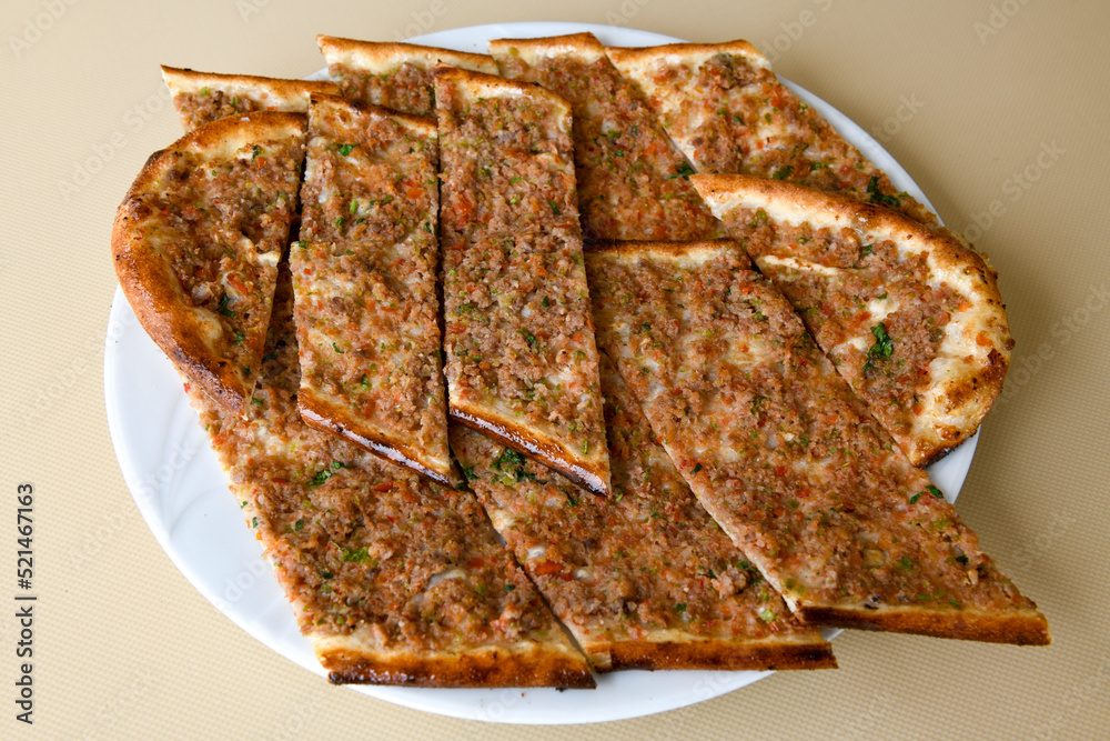 Turkish pita with minced cubed meat and cheese (Turkish name: Kiyma ...