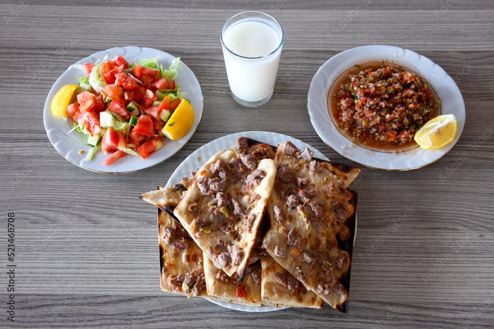 Turkish pita with minced cubed meat and cheese (Turkish name: Kiyma ...