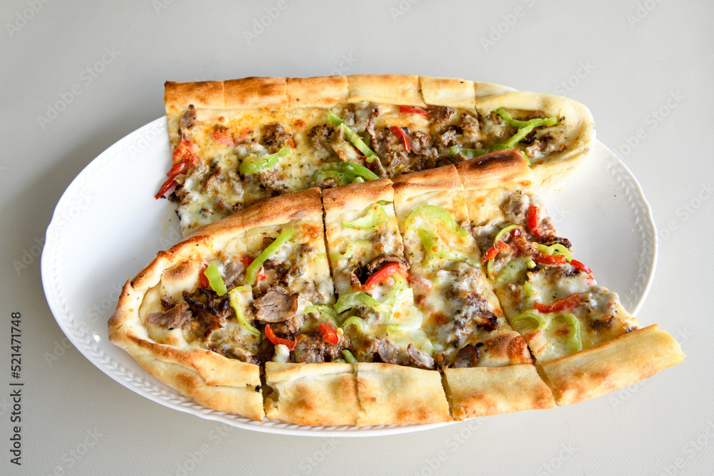 Turkish pita with minced cubed meat and cheese (Turkish name: Kiyma ...