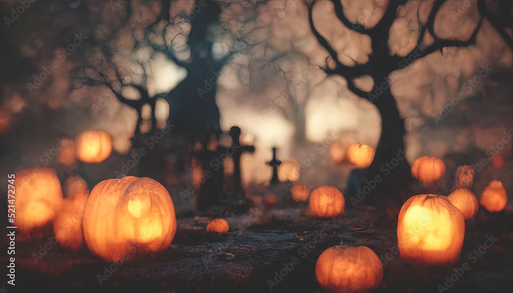 Dramatic scene for Halloween background with pumpkins. Gloomy ...