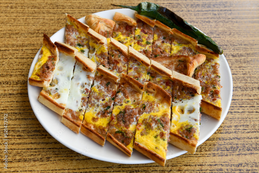 Turkish pita with minced cubed meat and cheese (Turkish name: Kiyma ...